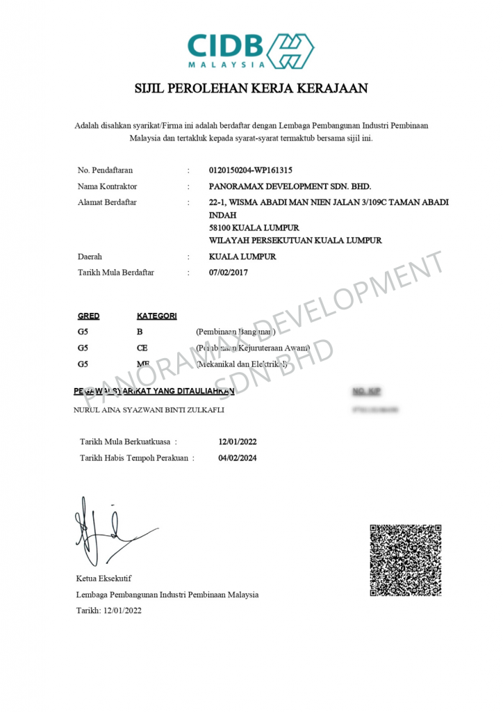 License & Certificate – Panoramax Development Sdn Bhd